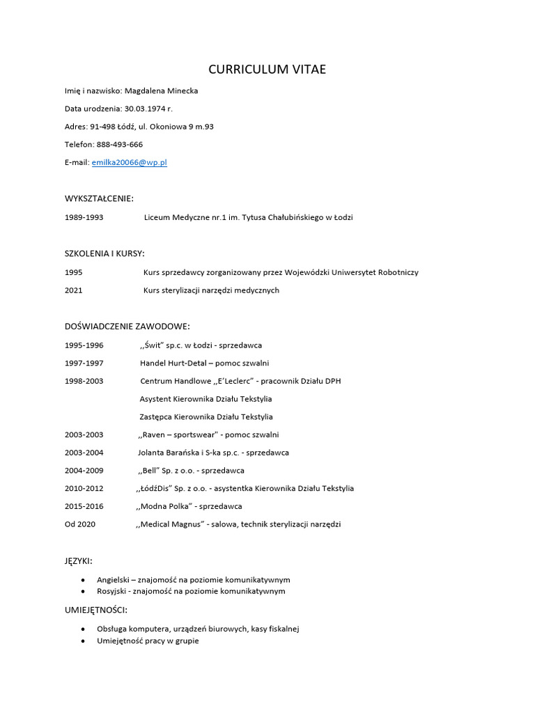 CV - Magdalena Minecka | PDF