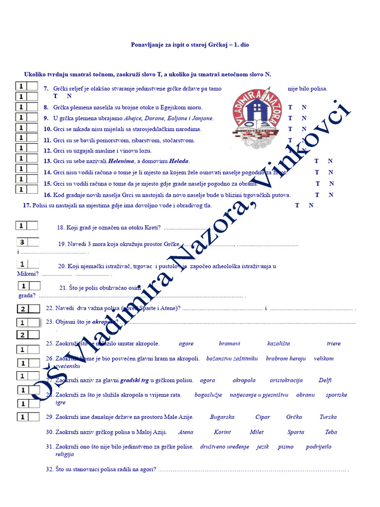 Razred Povijest - Ponavljanje Za Ispit o Staroj Grckoj - 1. Dio | PDF