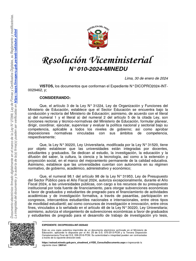 RVM - N - 010 2024 Minedu | PDF | Educación más alta | Universidad