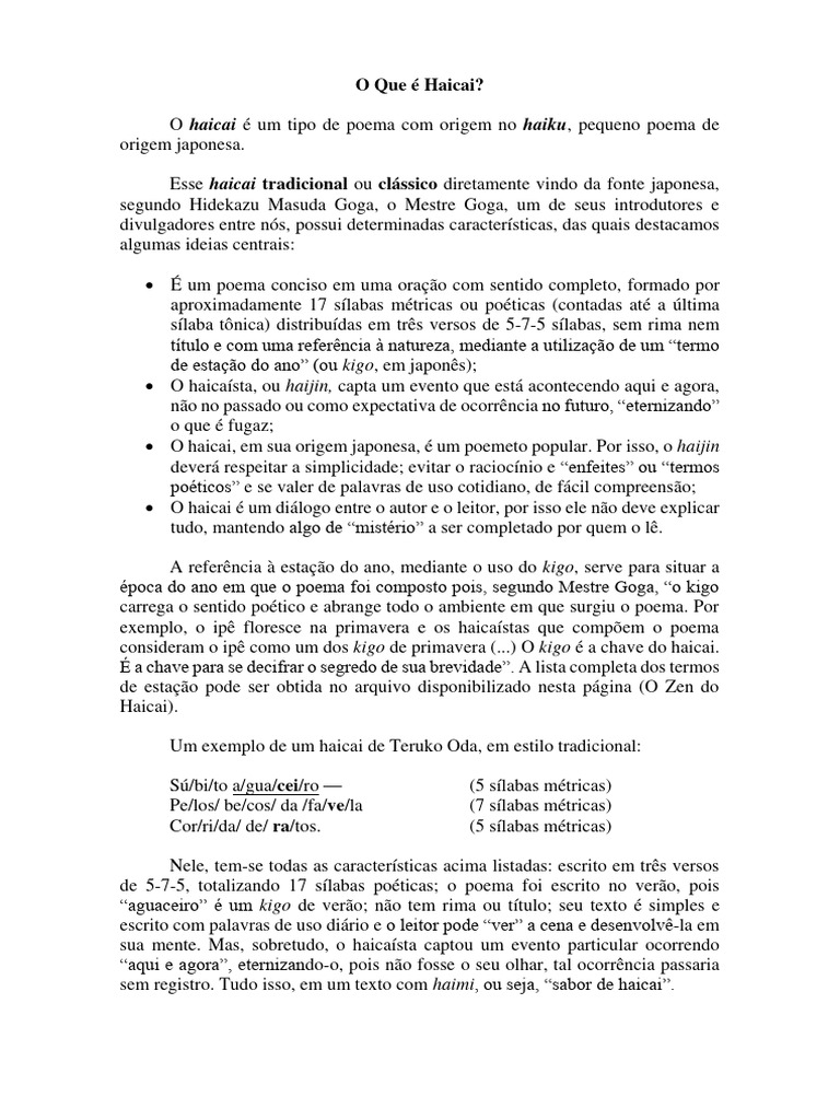 O Que é Haicai? Definição e Características | PDF | Haiku | Teoria ...