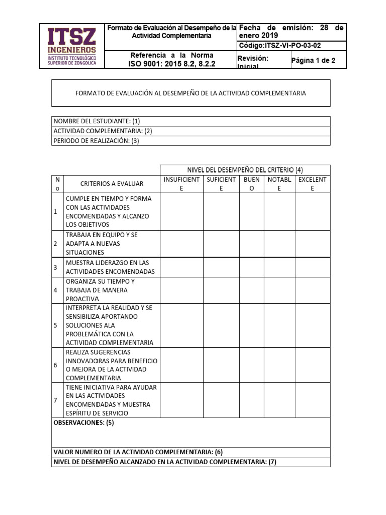 Itsz Vi Po 03 02 Evaluacion Al Desempeno de La Actividad Complementaria ...