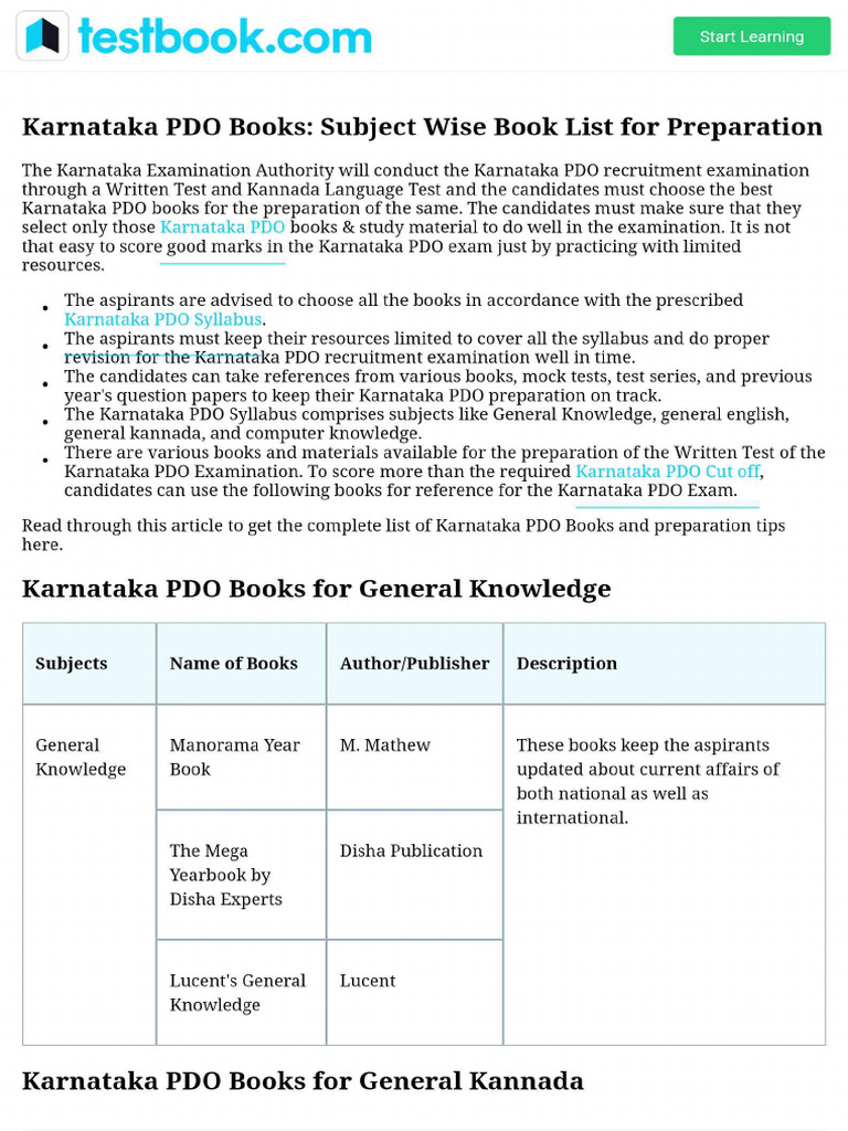 Karnataka PDO Books - Subject Wise Book List For Preparation | PDF