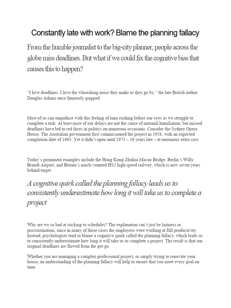 Constantly Late With Work Blame The Planning Fallacy | PDF | Cognition ...