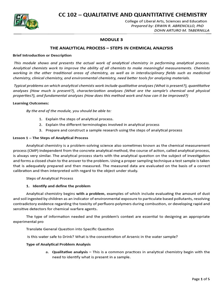 ?7spf0kp5e CC 102 Module 3 Analytical Process 2 | PDF | Analytical Chemistry | Analysis