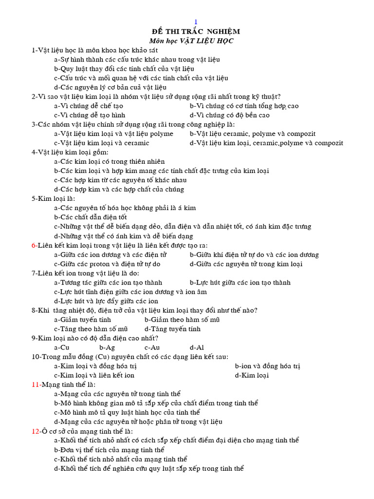 Moân Hoïc Vaät Lieäu Hoïc: Ñeâà Thi Traéc Nghieäm | PDF