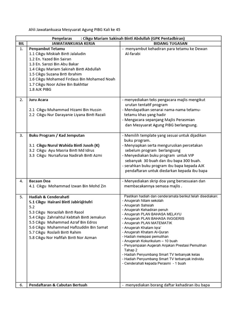 Ahli Jawatankuasa Mesyuarat Agung Pibg Kali Ke 45 Pdf