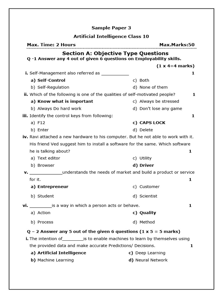 Answer Key Sample Paper 3 AI Class 10 | PDF | Artificial Intelligence ...