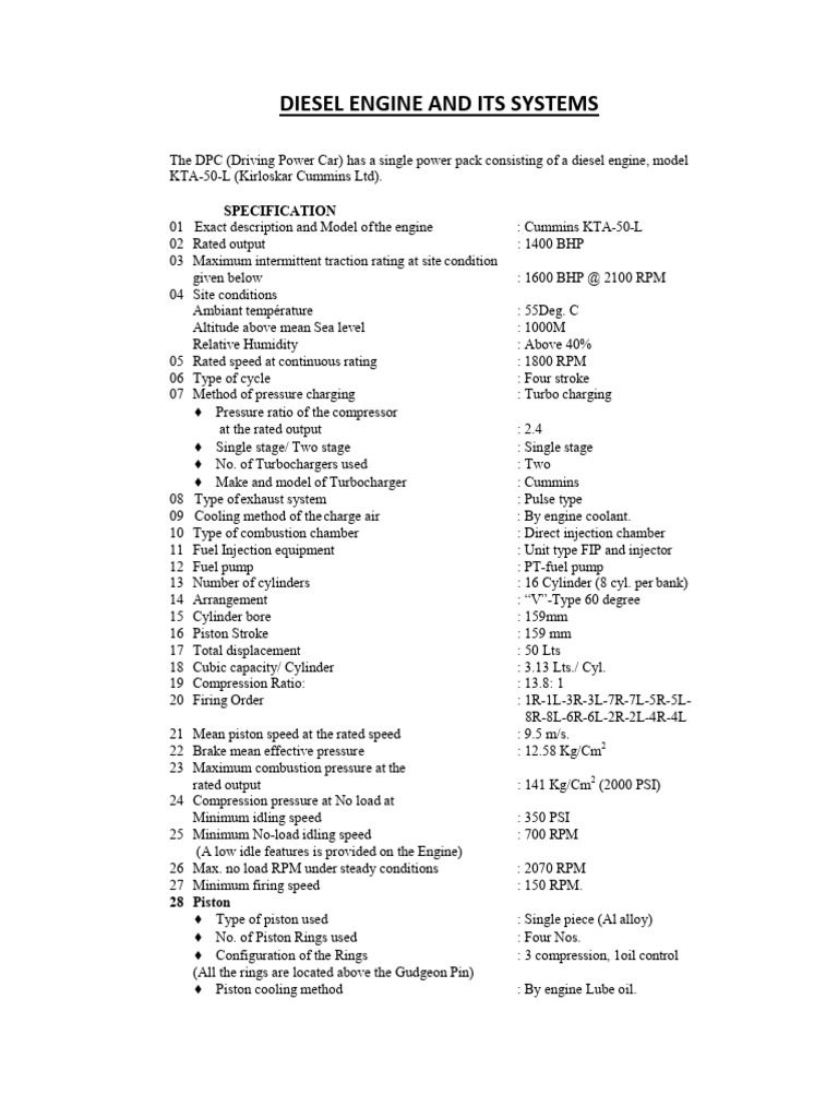 Diesel Engine KTA-50-L Specifications | PDF | Pump | Fuel Injection