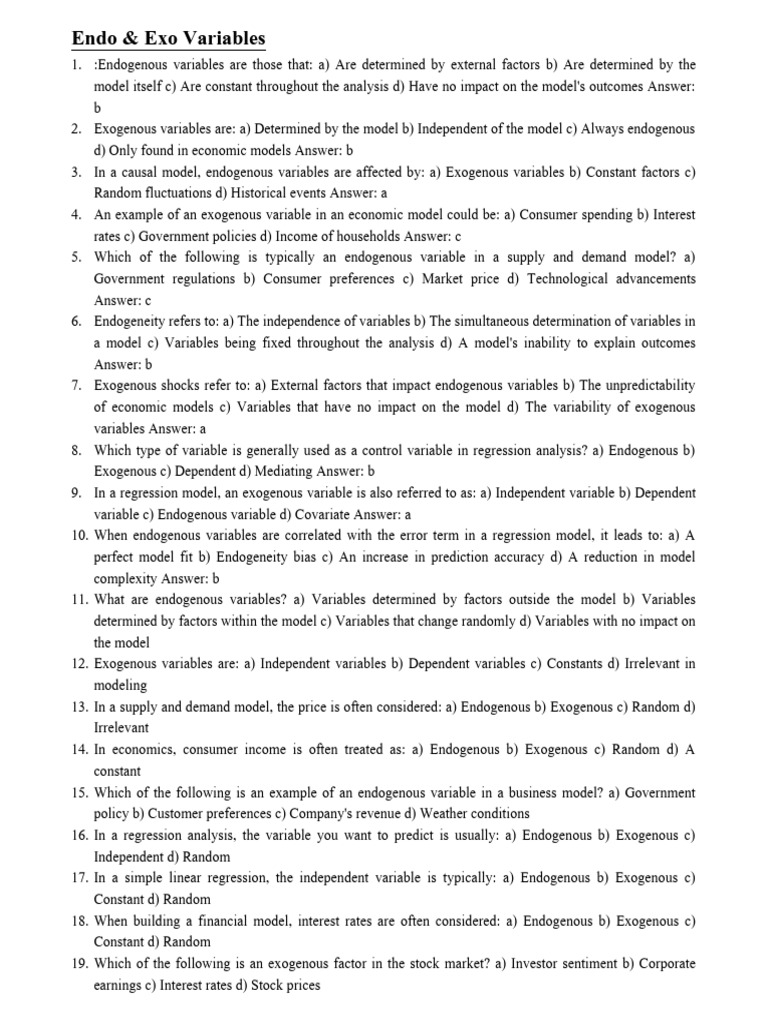 MCQ On Endogenous and Exogenous Variables | PDF | Endogeneity (Econometrics) | Dependent And ...