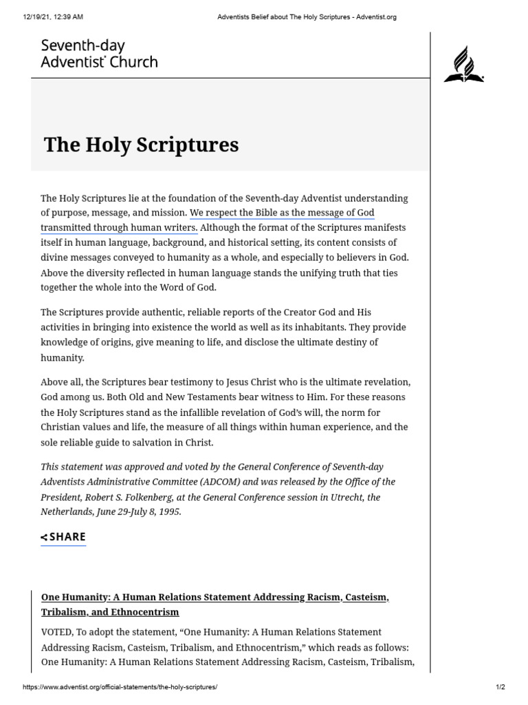 Adventists Belief about The Holy Scriptures | PDF | Bible | Seventh Day ...