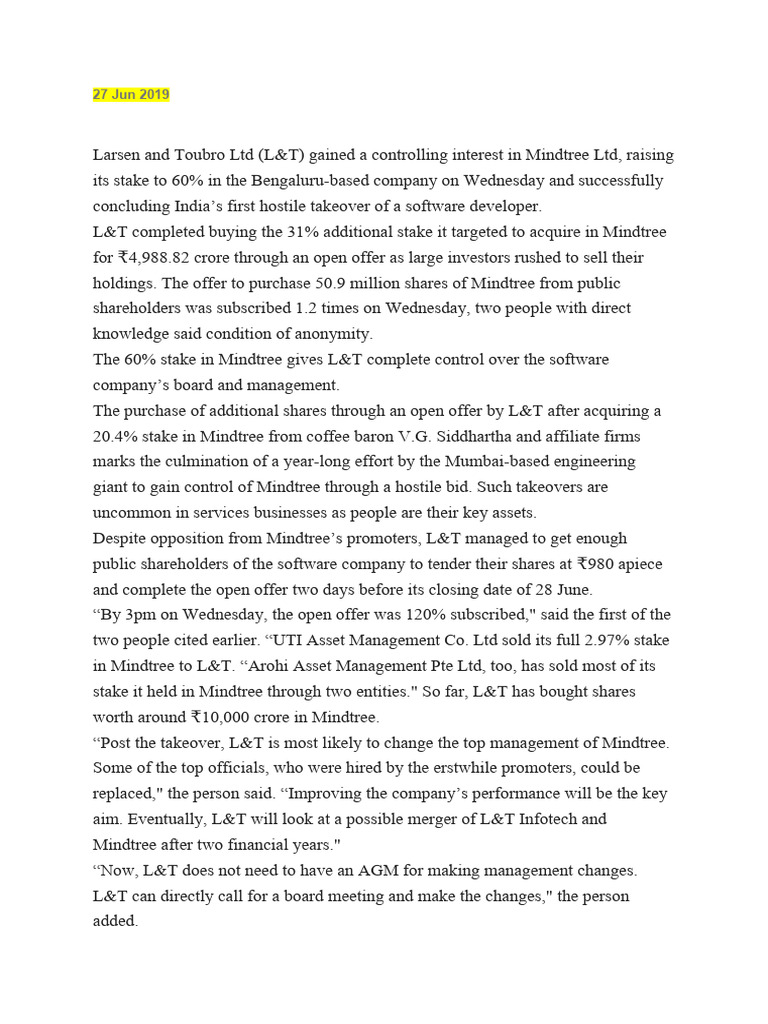 L&T and Mindtree - Hostile Takeover | PDF | Takeover | Equity (Finance)