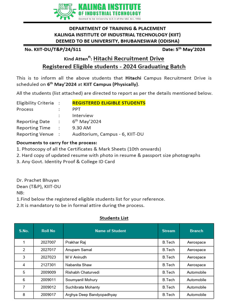 Hitachi Recruitment Drive at KIIT | PDF