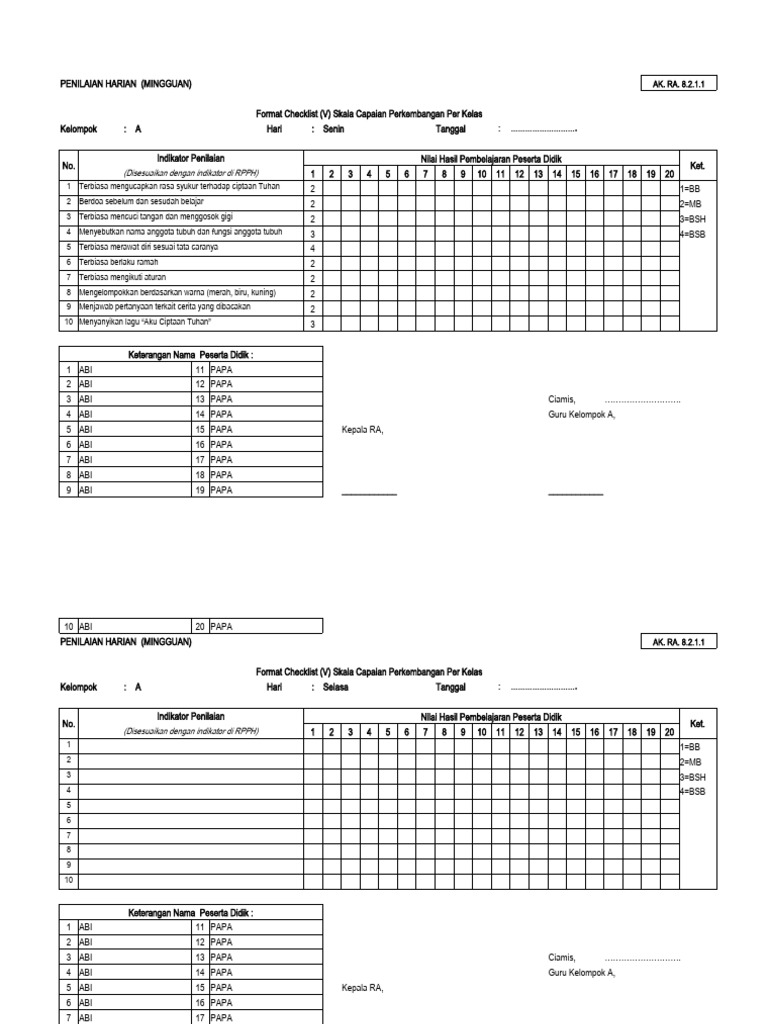 Format Penilaian Ceklis Harian PAUD | PDF