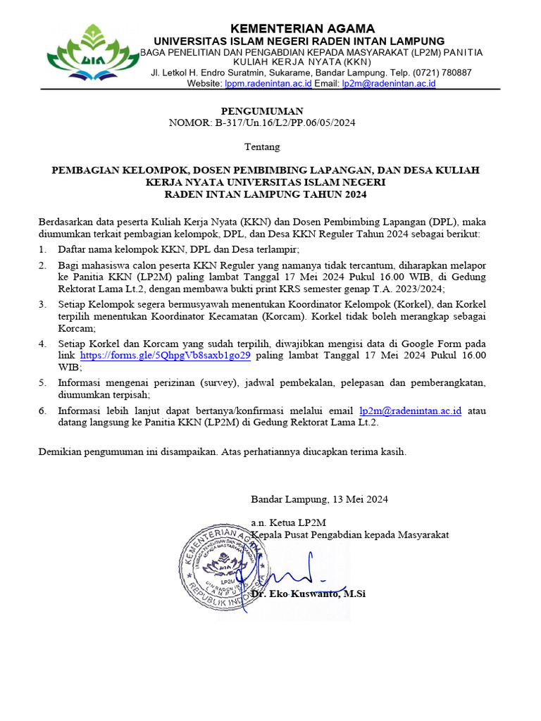 Pengumuman Kelompok Dan DPL KKN 2024 | PDF