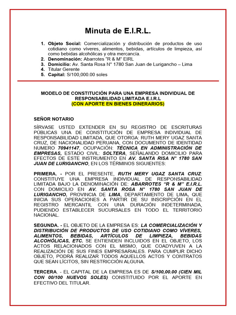 Minuta de EIRL | Descargar gratis PDF | Contabilidad | Business