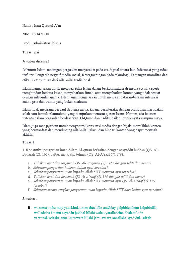 Nama: Inna Qurotul A'in NIM: 053471718 Prodi: Administrasi Bisnis Tugas: Pai Jawaban Diskusi 3 | PDF