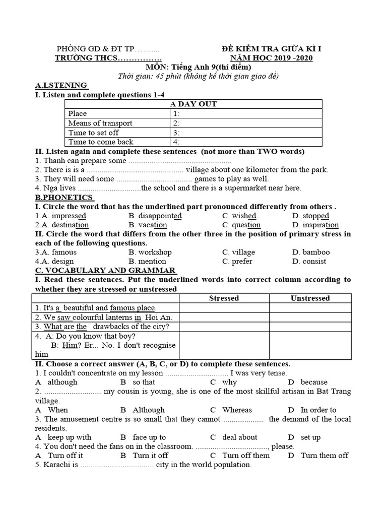 De Thi Giua HK 1 Tieng Anh 9 Thi Diem de 2 | PDF | Adolescence | Stress (Biology)
