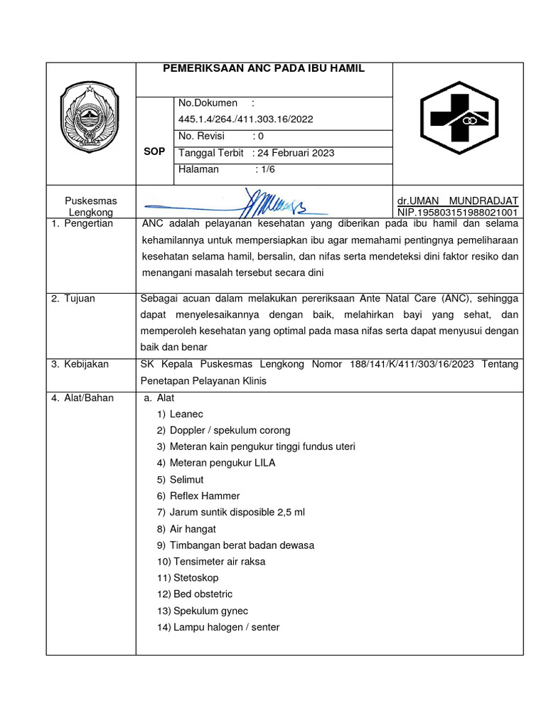 Sop Pemeriksaan Anc Pada Ibu Hamil | PDF