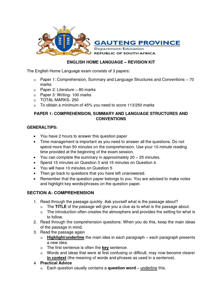 Grade 12 ENGLISH HL Revision Kit | PDF | Poetry | Verb