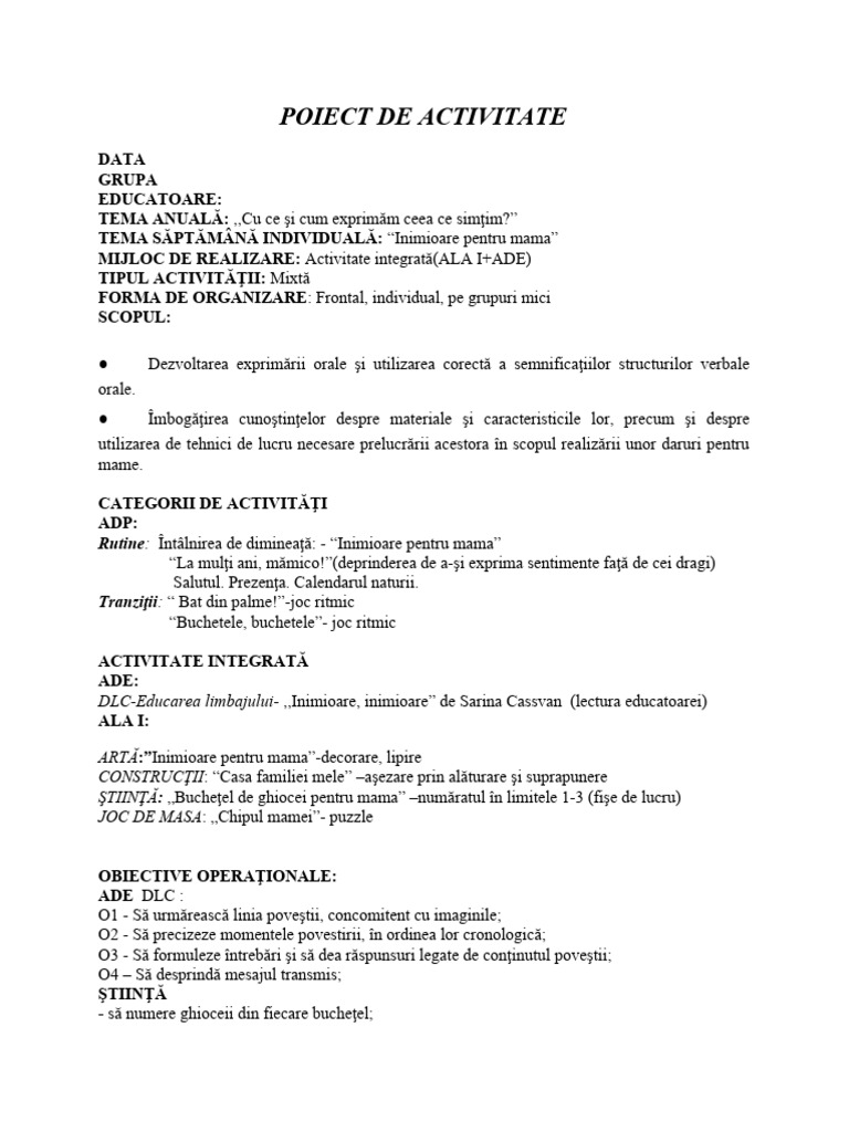 Proiect Didactic Inimioare Inimioare | PDF