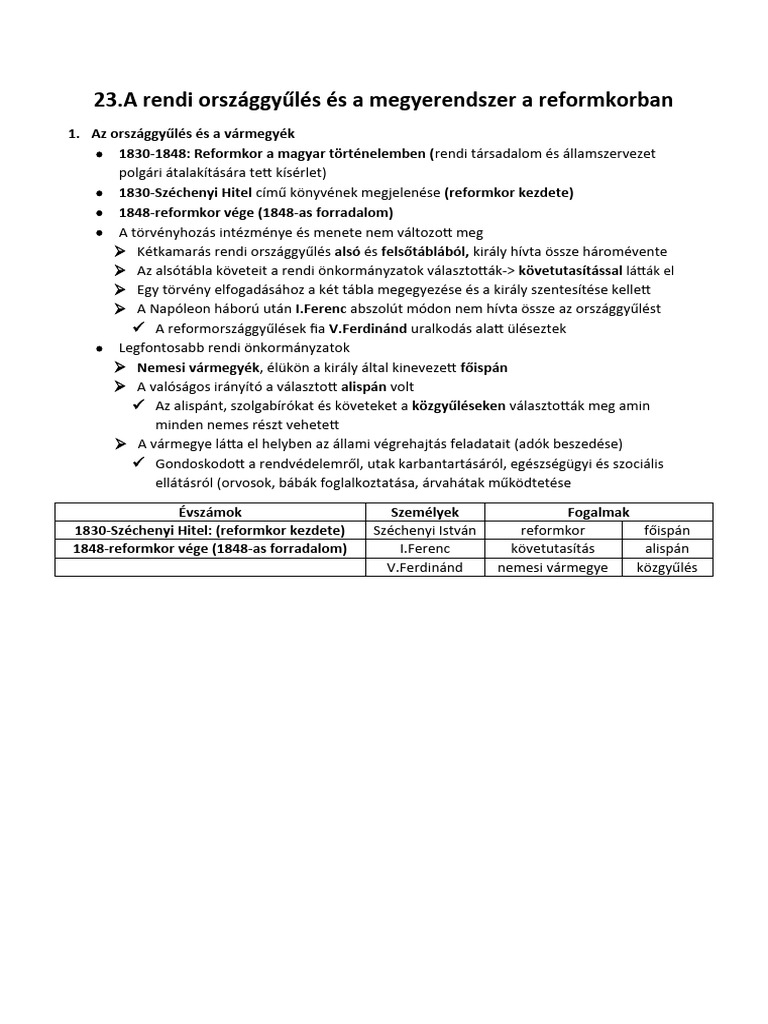 23.A Rendi Országgyűlés És A Megyerendszer A Reformkorban | PDF