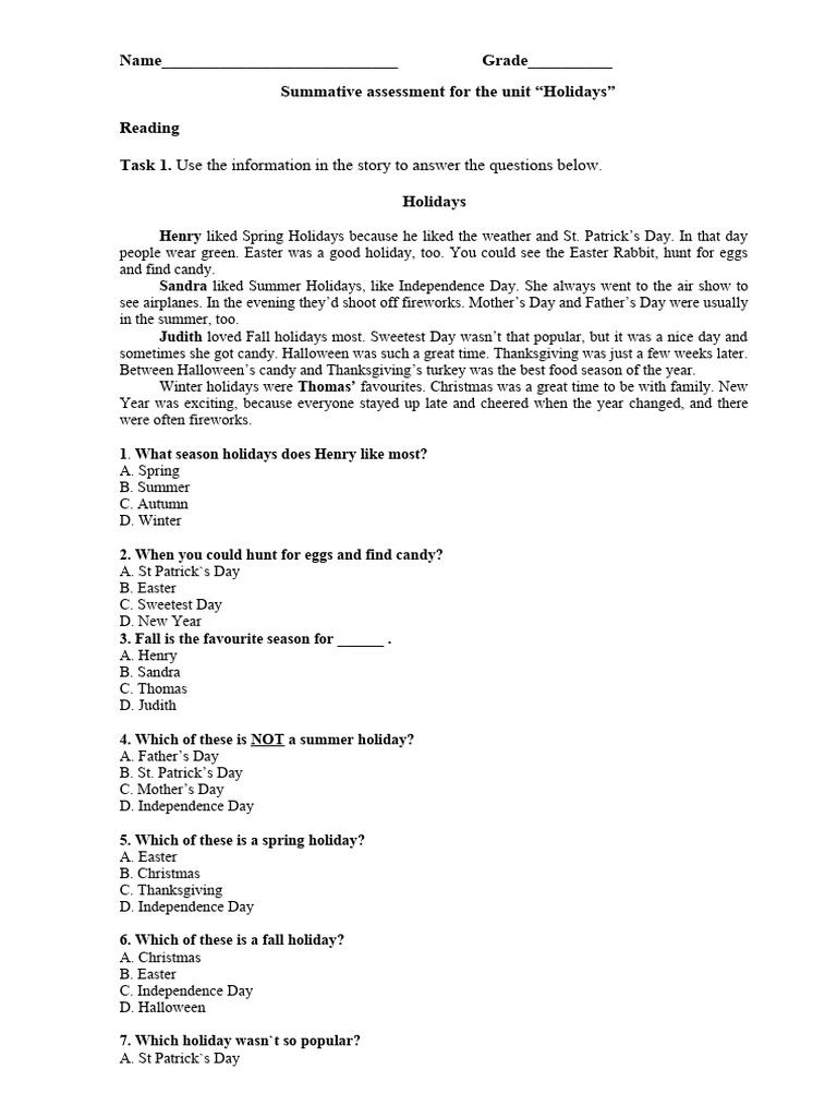 Holidays Summative Assessment Guide | PDF | Question | Holidays