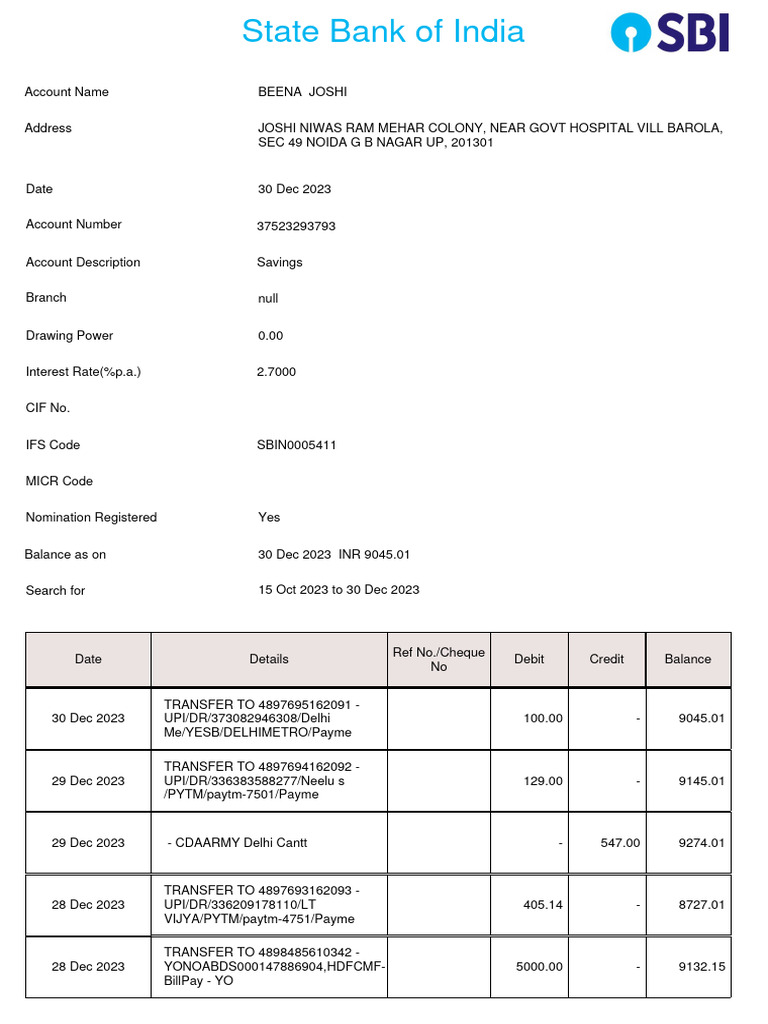 SBI Bank Statement (Oct- Dec) | PDF | Debits And Credits | Cheque