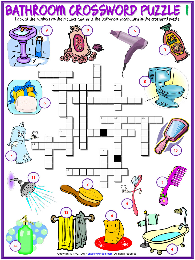 Bathroom Vocabulary Esl Crossword Puzzle Worksheets For Kids | PDF ...