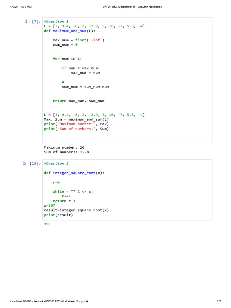 WTW 152 Worksheet 5 - Jupyter Notebook | PDF