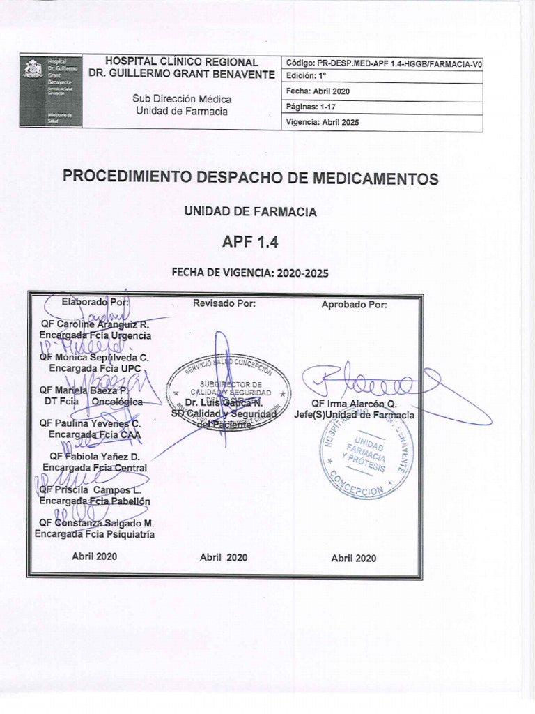 APF 1.4 PROCEDIMIENTO DESPACHO DE MEDICAMENTOS, UNIDAD DE FARMACIA, 1o EDICION, ABRIL 2022 ...