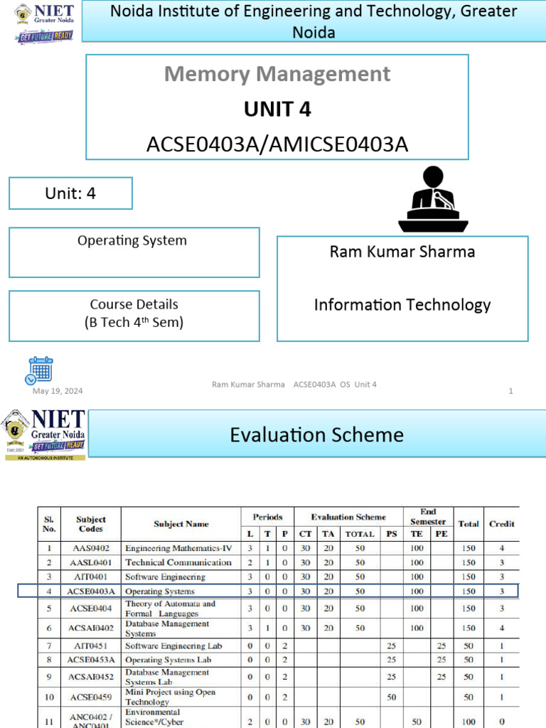 UNIT 4 - MEMORY MANAGEMENT Lecture 1 and 2 | PDF | Process (Computing) | Computer Data Storage