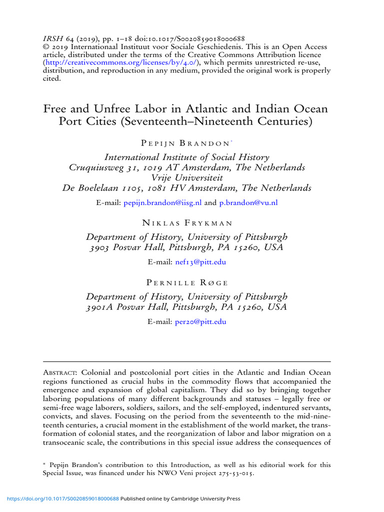 Pepijn Brandon Free and Unfree Labor in Atlantic and Indian Ocean | PDF ...