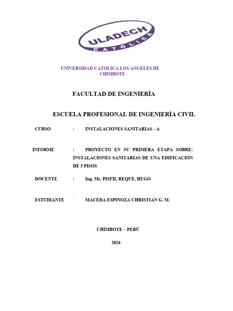 Proyecto en Su Primera Etapa Sobre Instalaciones Sanitarias de Una Edificación de 3 Pisos ...