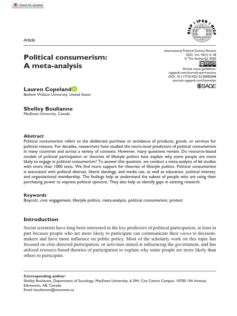 Copeland Boulianne 2020 Political Consumerism A Meta Analysis | PDF ...