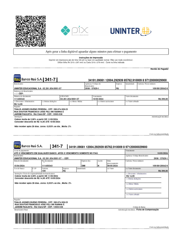 Boleto 05-2024 Faculdade | Download grátis PDF | Impressão