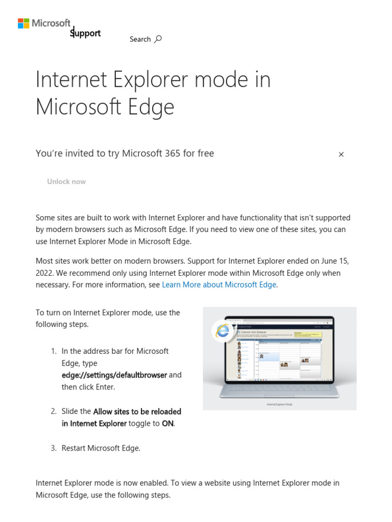 Internet Explorer Mode in Microsoft Edge - Microsoft Support | PDF | Internet Explorer | Microsoft