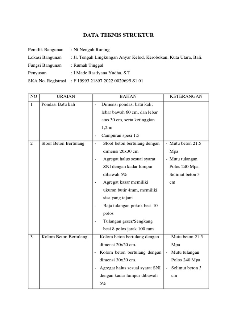 Data Teknis Struktur | PDF