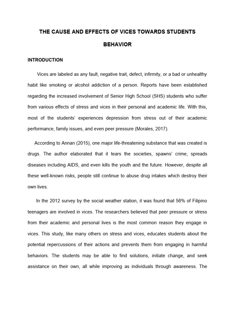 The Cause and Effects of Vices Towards Students Behavior | PDF ...
