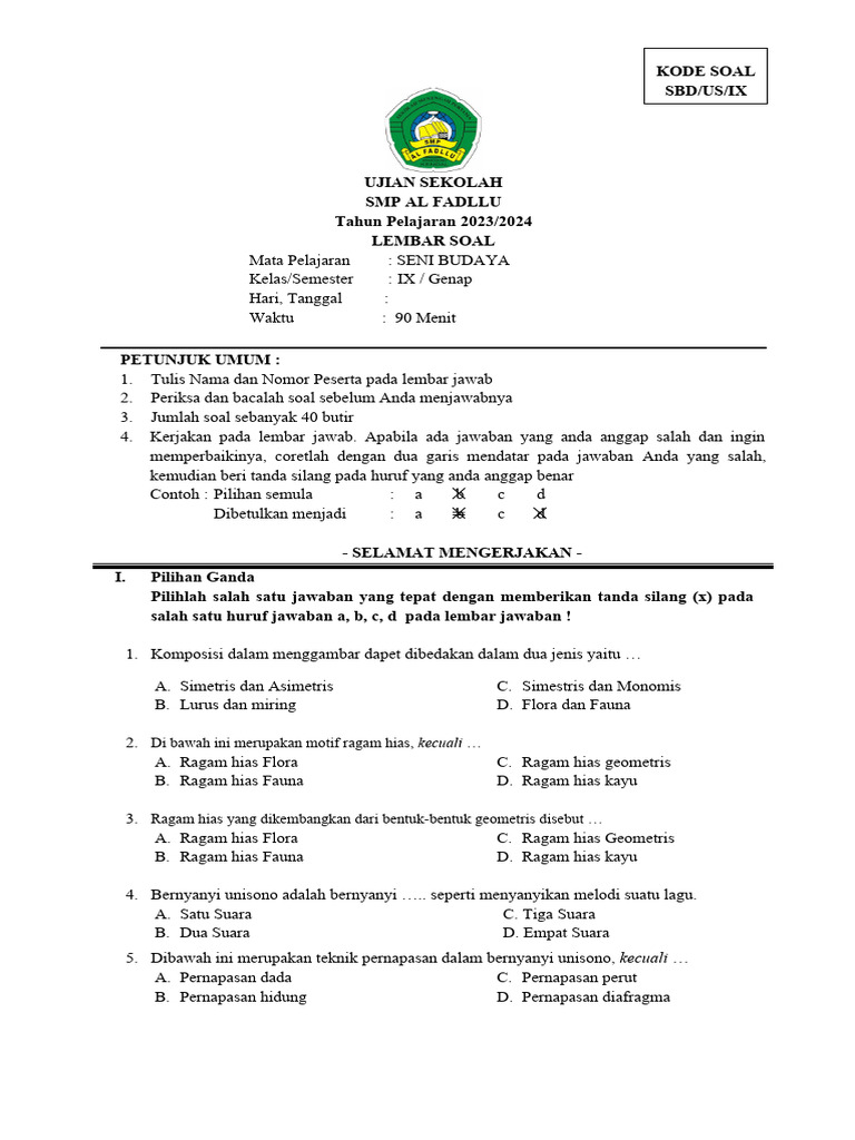 Naskah Soal Us Seni Budaya 2023-2024 | PDF