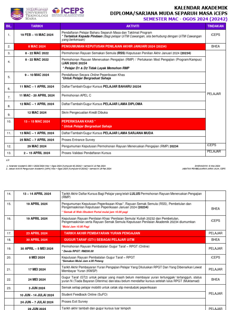 Kalendar Akademik 20242 (Separuh Masa) | PDF