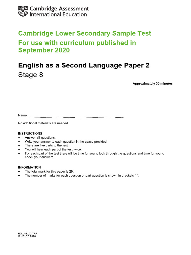 English As A Second Language Stage 8 Sample Paper 2 - tcm143-595844 | PDF