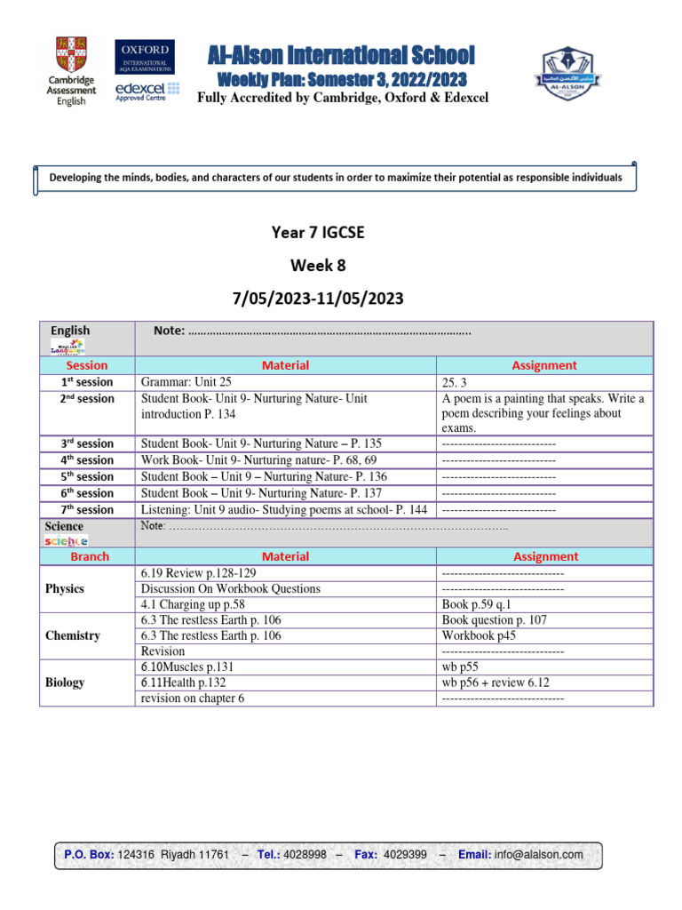 Al-Alson International School: Weekly Plan: Semester 3, 2022/2023 | PDF