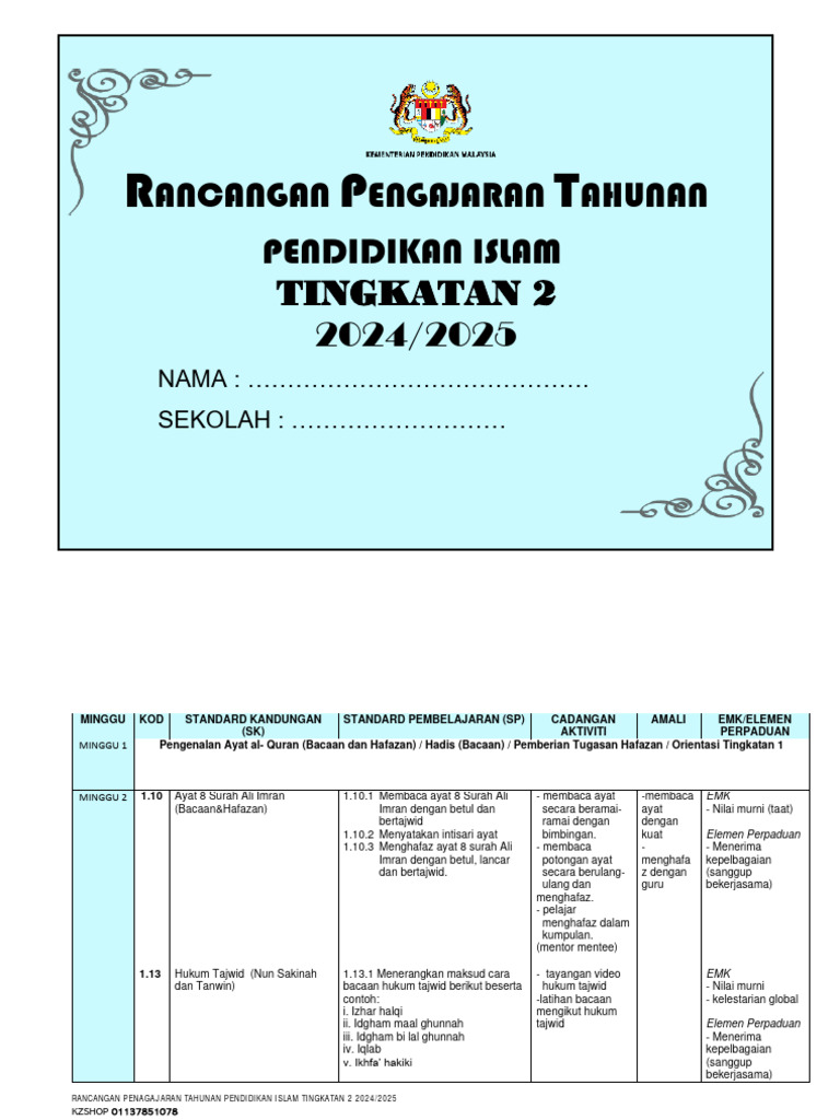 RPT Form 2 Pendidikan Islam KSSM SESI 2024-2025 | PDF