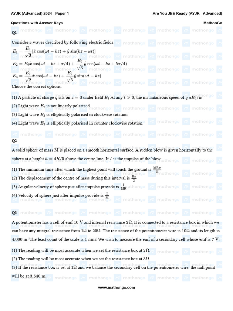 AYJR 2024 (Advanced) - Paper 1 - Provisional Answer Keys | PDF | Fluid Dynamics ...