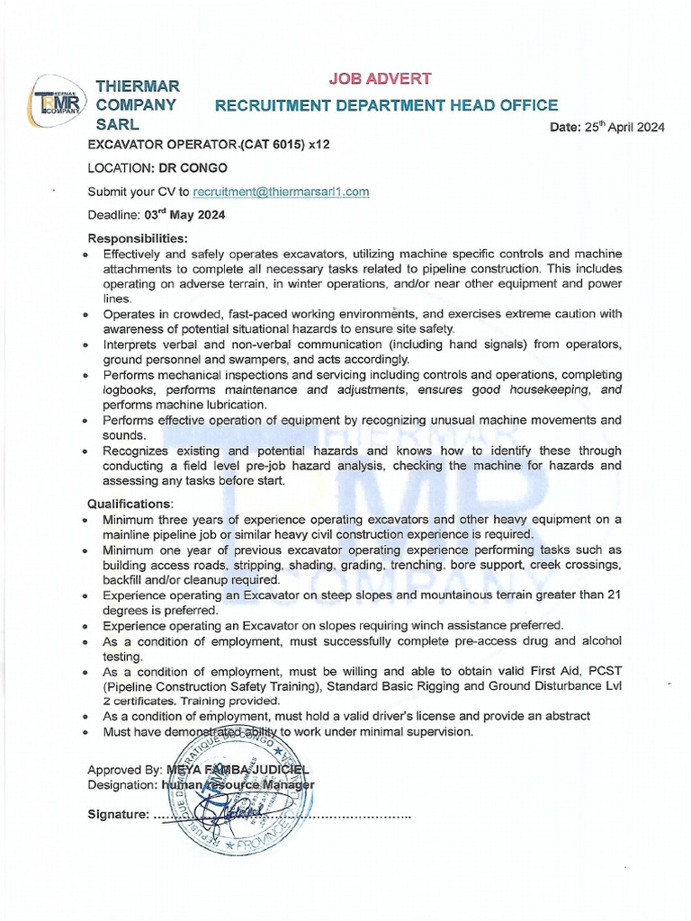 Recruitment Department Head Office - 2024 Job Advert | PDF