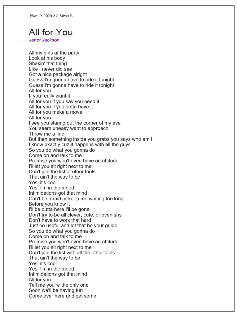 All For You - Janet Jackson Lyrics | PDF | Self-Improvement | Mystery ...