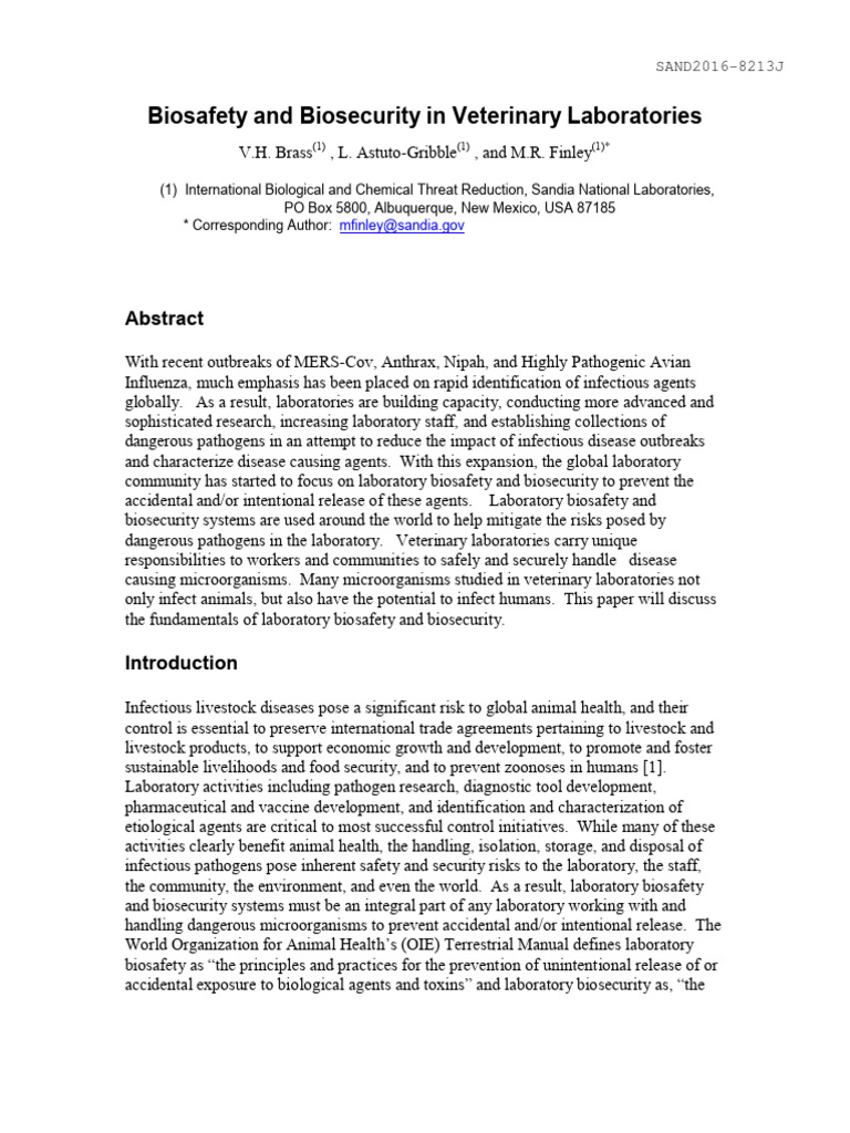 Biosafety and Biosecurity in Veterinary Laboratories | PDF | Personal ...