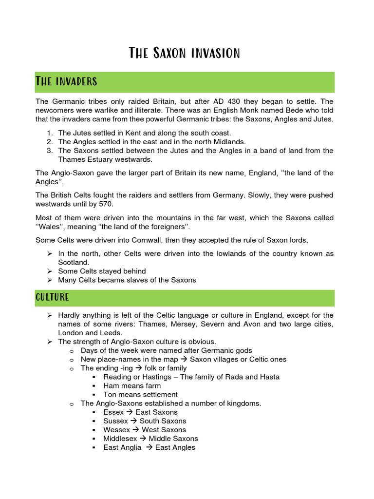 The Saxon Invasion, Summary | PDF | Anglo Saxons | Celts