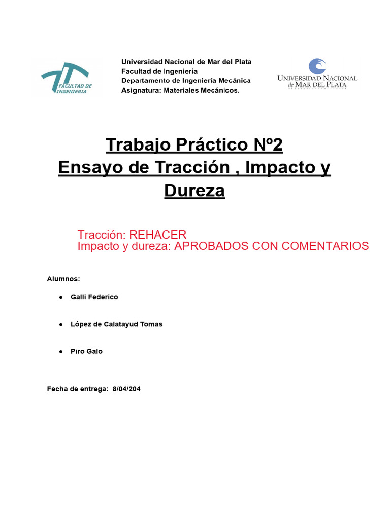 tp2 Grupo 2 Correcciones | PDF | Resistencia a la tracción | Fractura
