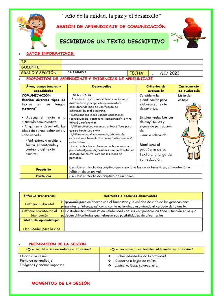 Sesión de Escritura Descriptiva | PDF | Aprendizaje | Comunicación